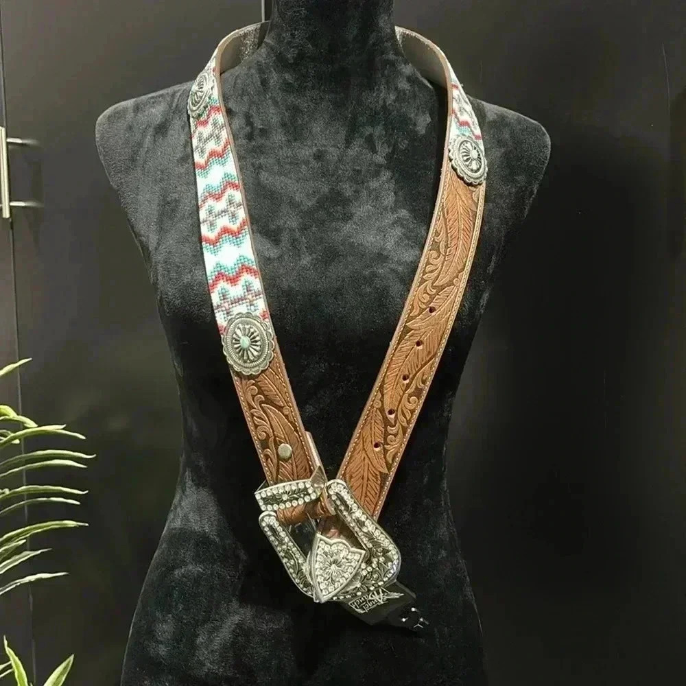 Angel Ranch Western Genuine tooled leather belt,jewel… - Gem